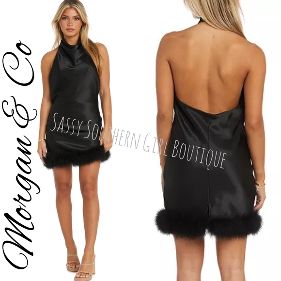 Morgan & Co. | Dresses | Morgan And Co Black Halter Feather Mini Dress ...